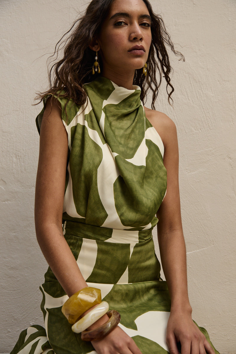 Paris Top, Green Brush | Asymmetric Occasion Top – Avec Studio