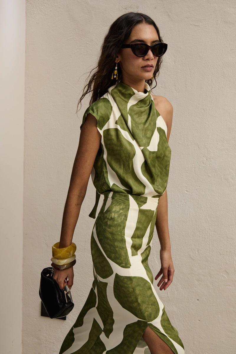 Paris Top, Green Brush | Asymmetric Occasion Top – Avec Studio